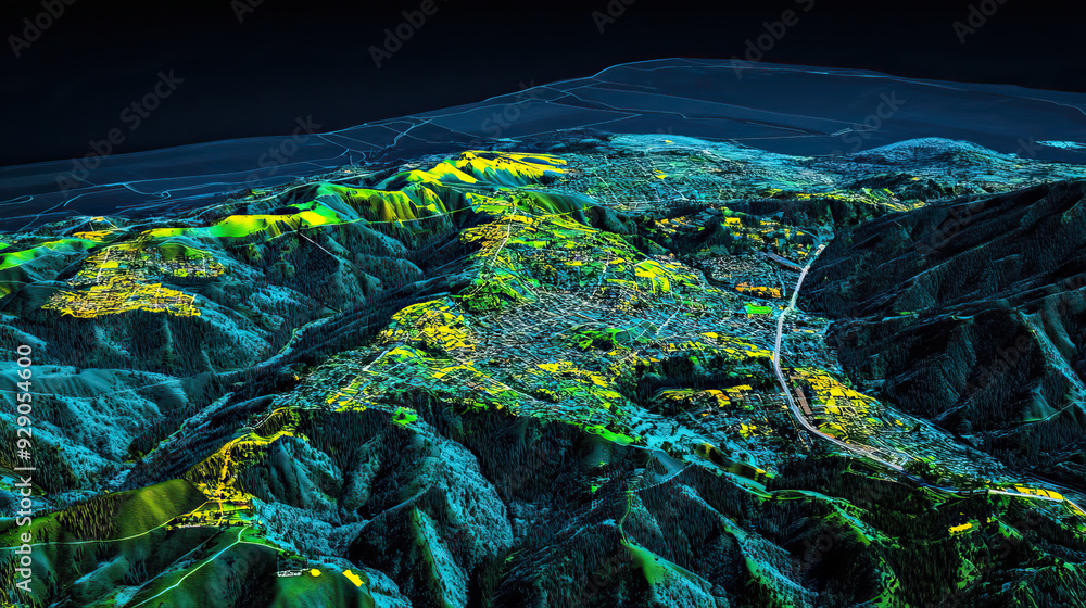 Technical aerial visual, 3D LiDAR GIS aerial map satellite scan model ...