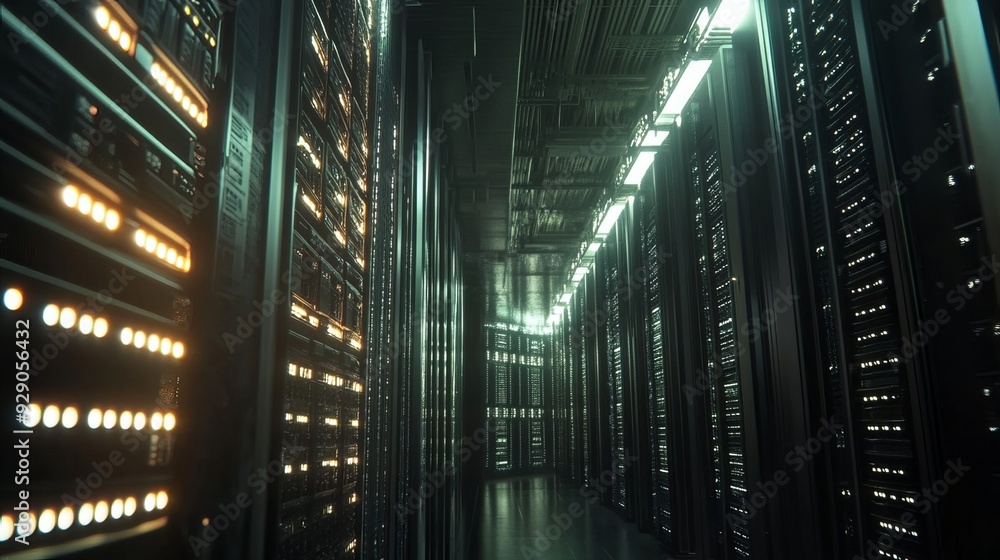 Data centers are filled with rows of servers, their blinking lights indicating constant ...