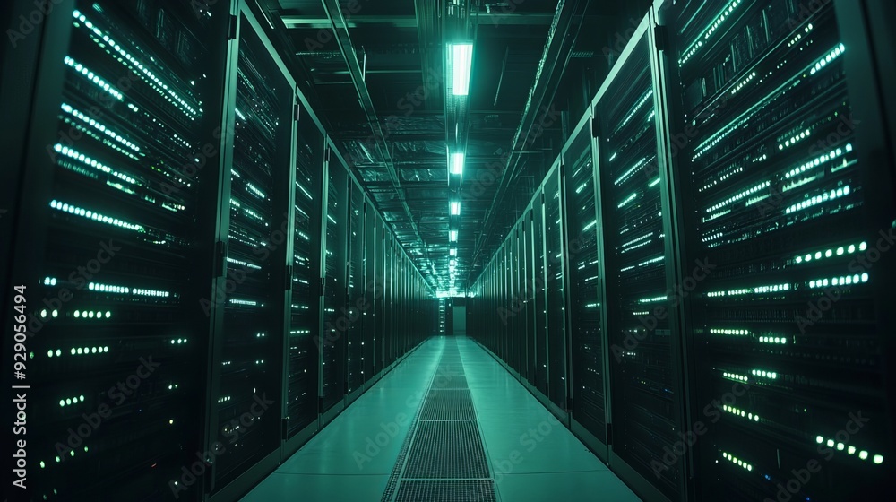 Data centers are filled with rows of servers, their blinking lights indicating constant ...