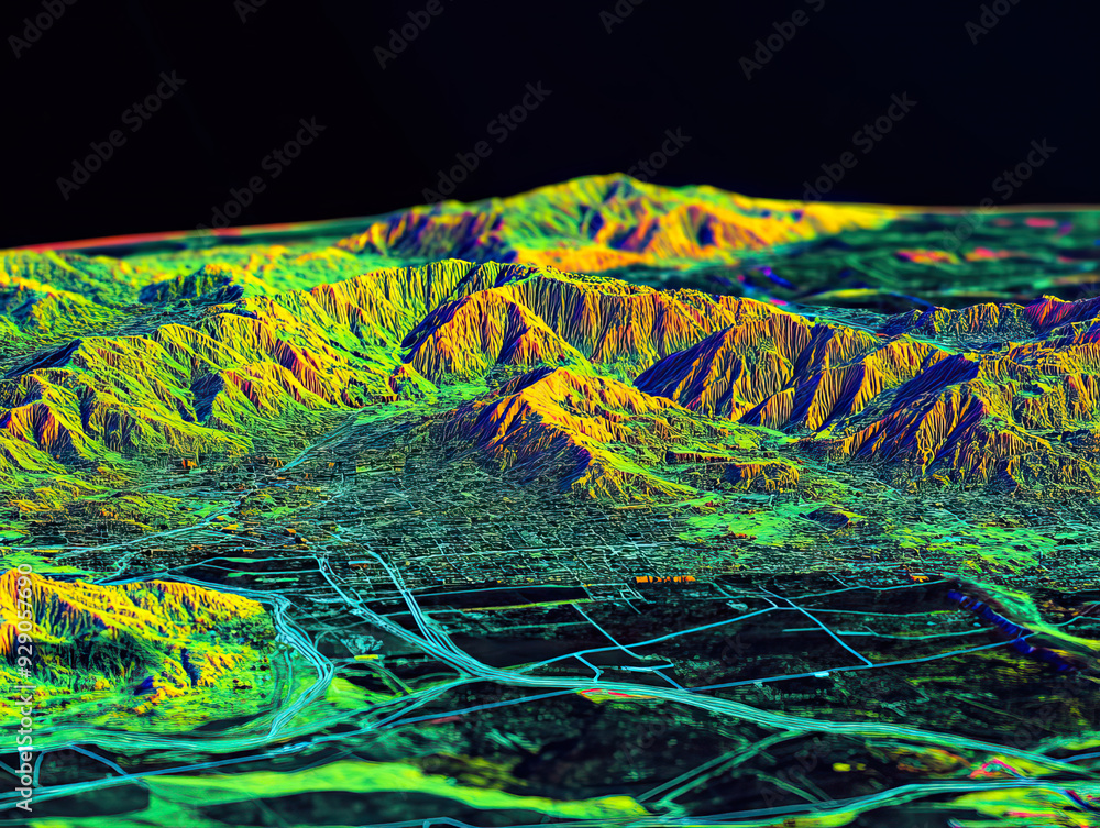 Technical aerial visual, 3D LiDAR GIS aerial map satellite scan model ...