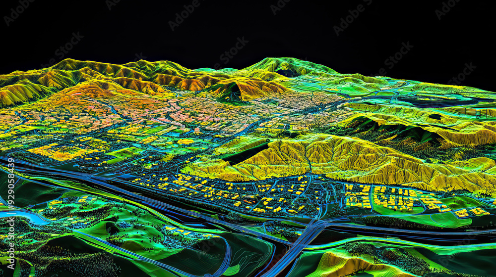 Technical aerial visual, 3D LiDAR GIS aerial map satellite scan model ...