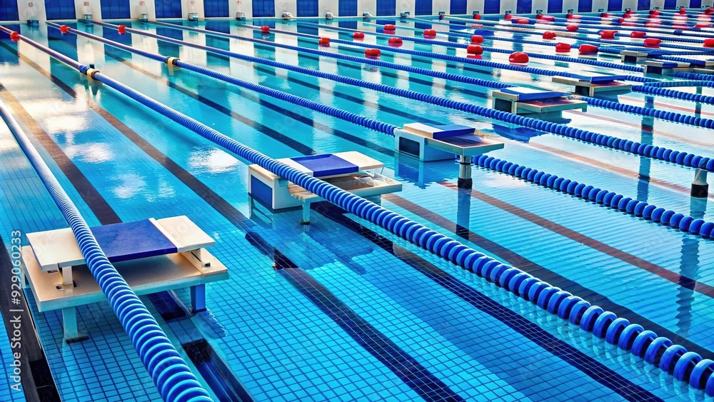 Racing lanes stretch across a shimmering blue pool, diving blocks and ...