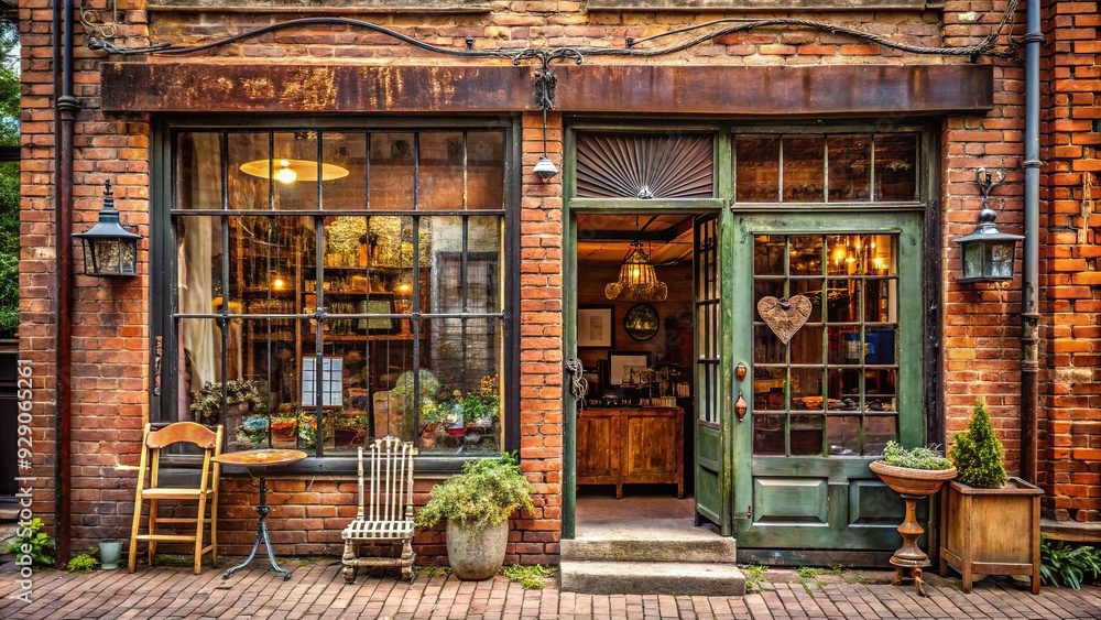 Retro storefront with worn wooden signs, distressed brick walls, and ...