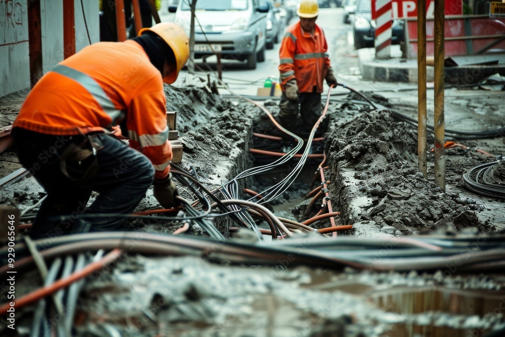 Construction workers navigate through mud and cables in a trench on a ...