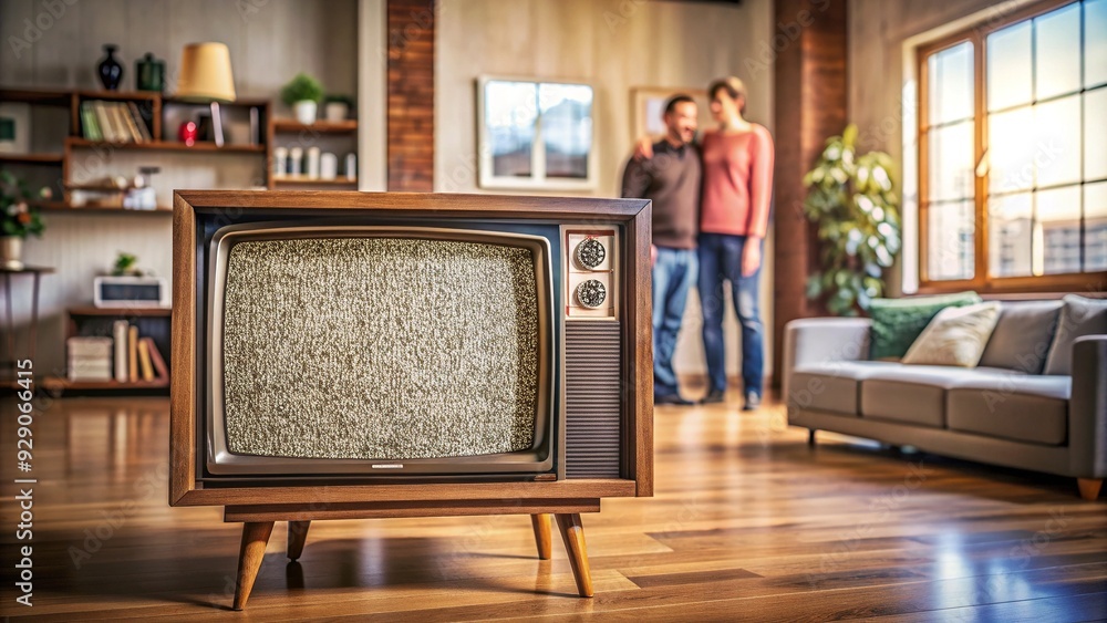 Retro television set with rounded screen and wooden cabinet, displaying ...