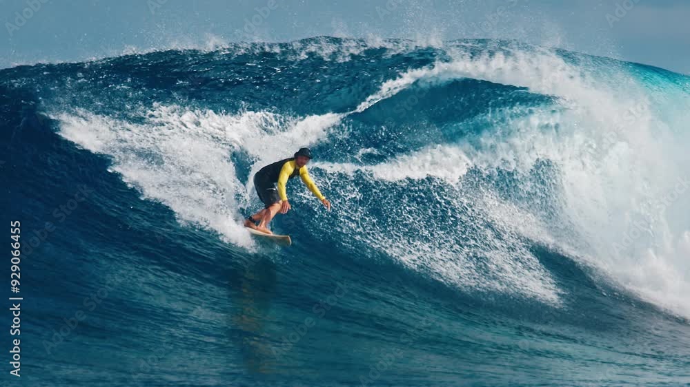 Experienced surfer rides huge, double overhead ocean wave at the famous ...