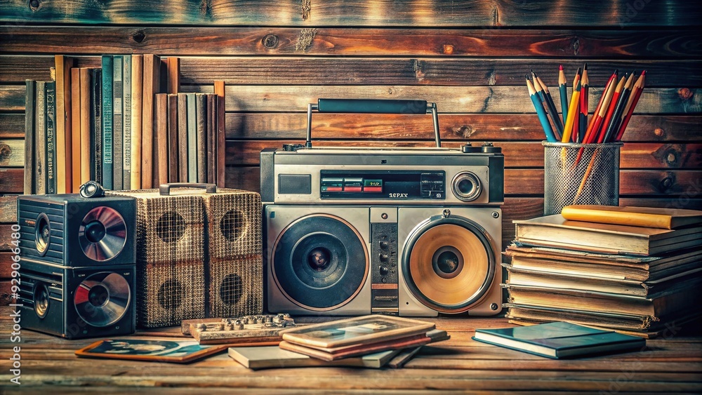 Retro vintage cassette tapes, vinyl records, and classic boombox ...