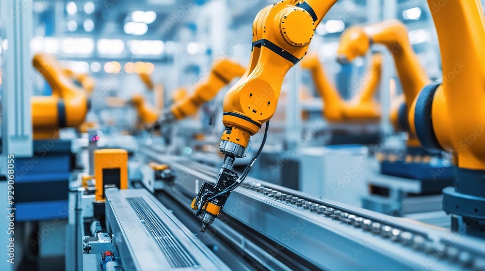 Automated Precision: A close-up view of a robotic arm, a symbol of automation and industrial ...