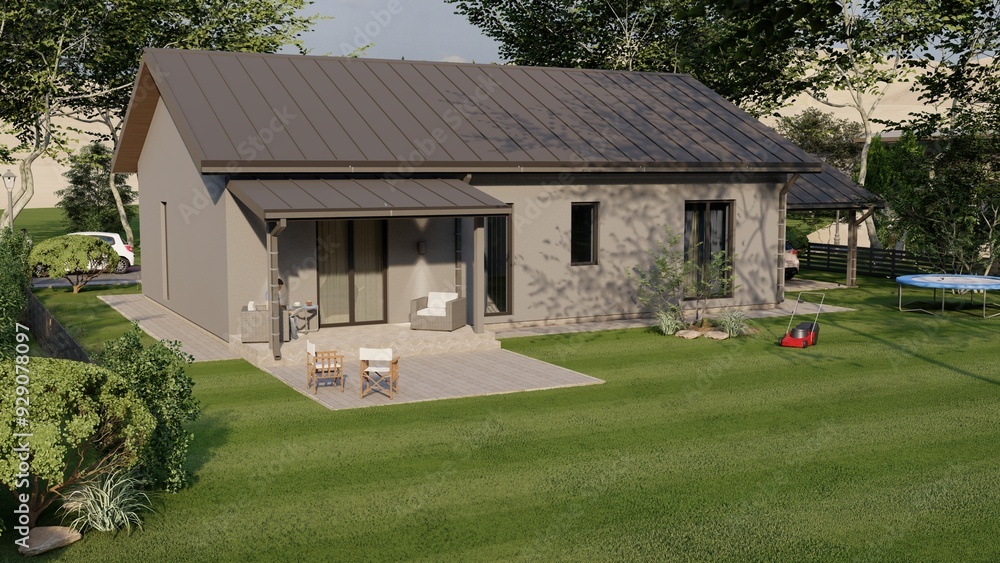 3d visualization of a one-story residential building. modern residentia ...