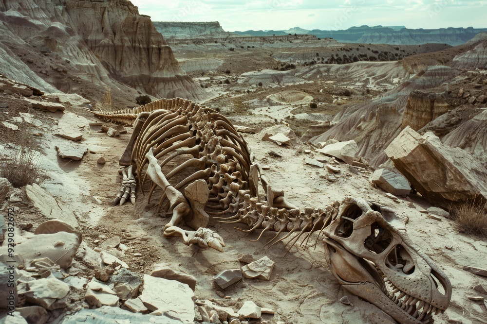 The skeleton of a dinosaur lies gracefully in a desolate, rocky ...