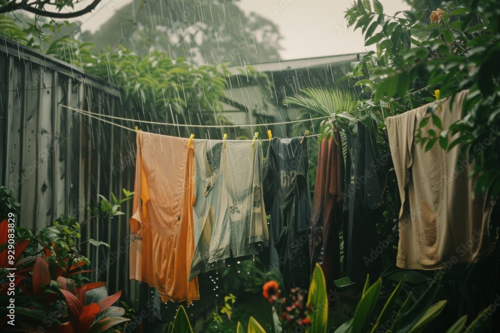 Rain-soaked clothes hanging on a line in a lush garden, creating a ...