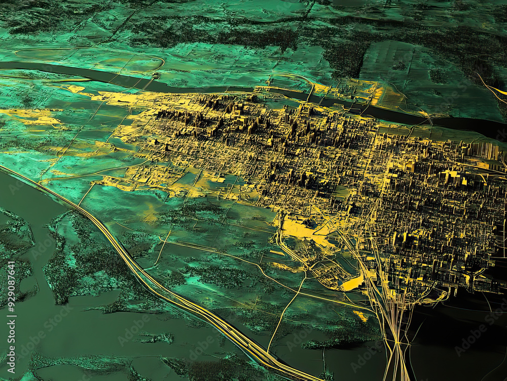 Technical aerial visual, 3D LiDAR GIS aerial map satellite scan model ...