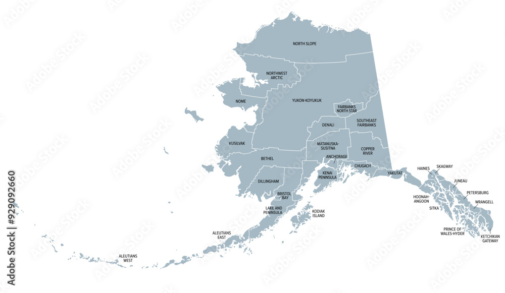 Alaska, U.S. state, gray political map, subdivided into 19 organized ...