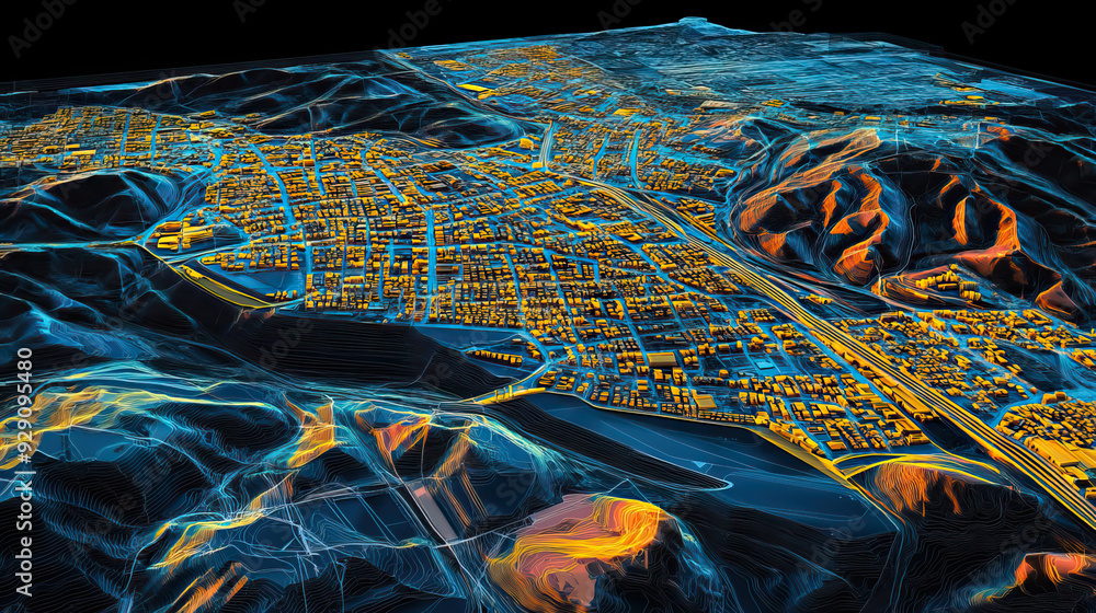 Technical aerial visual, 3D LiDAR GIS aerial map satellite scan model ...