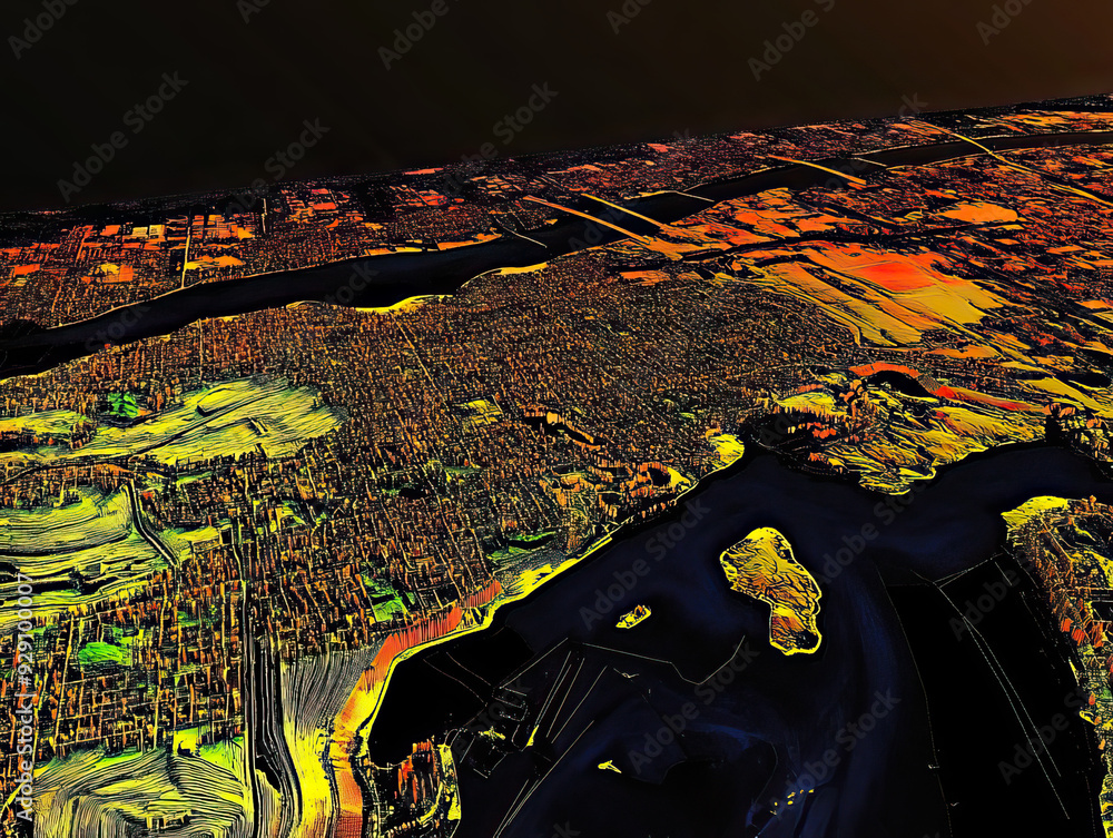 Technical aerial visual, 3D LiDAR GIS aerial map satellite scan model ...