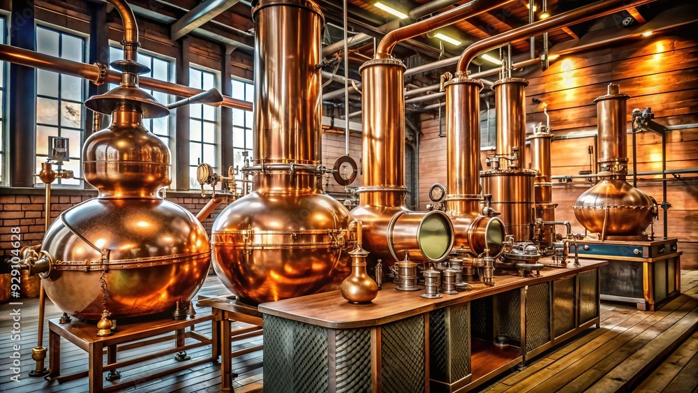 Shiny copper stills and tubes weave together in a rustic, vintage ...