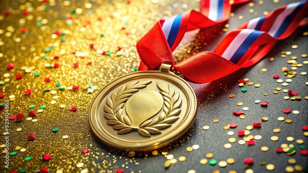 Shiny gold medal hanging from a red ribbon, surrounded by confetti and ...