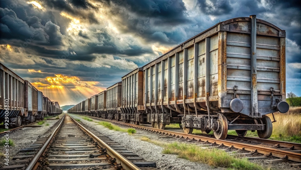 Silver freight railcars with faded logos and rusty wheels, lined up in ...