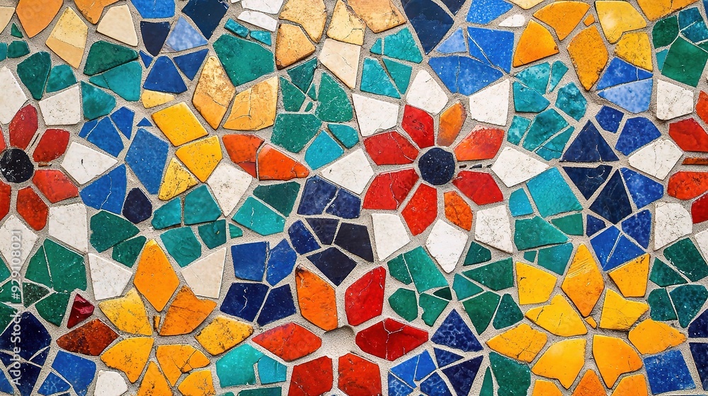 Mosaic Flower Design: A vibrant mosaic tile pattern featuring intricate ...