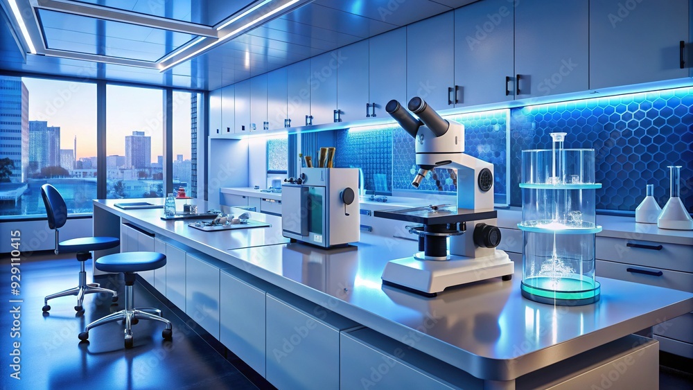 Sleek laboratory setup featuring a UV-C light source, petri dish, and microscope, highlighting ...