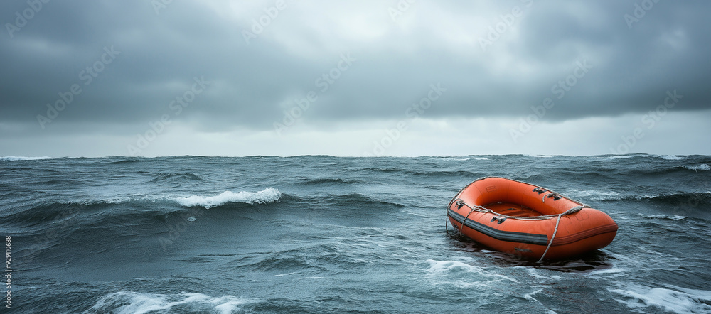 Adrift in the Tempest. An empty orange lifeboat bobs alone in the ...