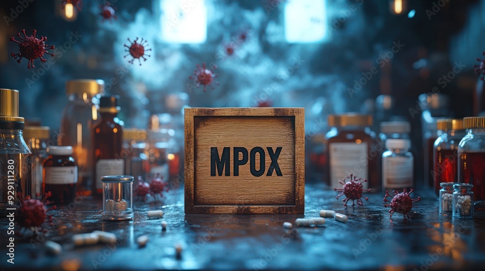 Conceptual Composition of 'MPOX' Wooden Cube with monkeypox virus ...