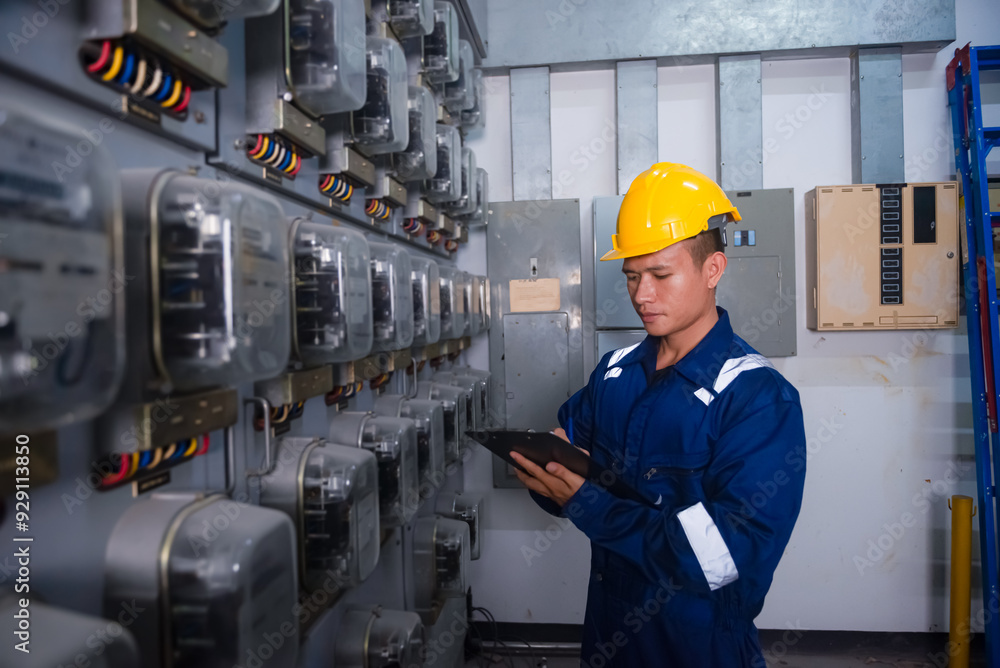 Electrical maintenance engineer is checking .Electricity meter, main ...