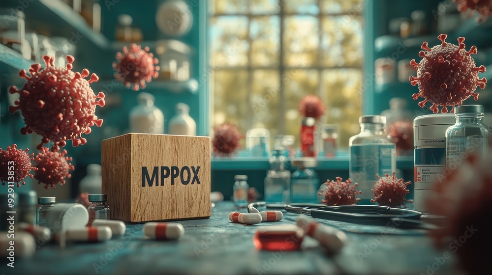 Conceptual Composition of 'MPOX' Wooden Cube with monkeypox virus ...