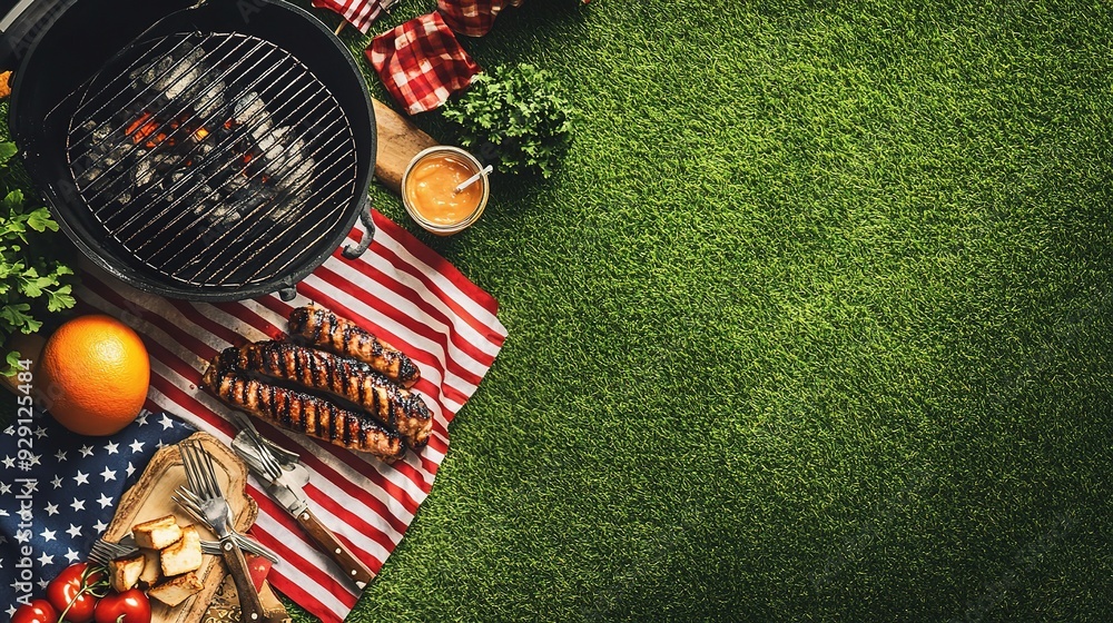 Memorial Day Barbecue Scene With Grilling Elements American Flags And