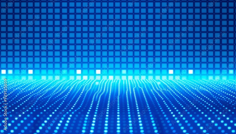 High-tech blue pixel grid with a uniform pattern of bright and dark ...