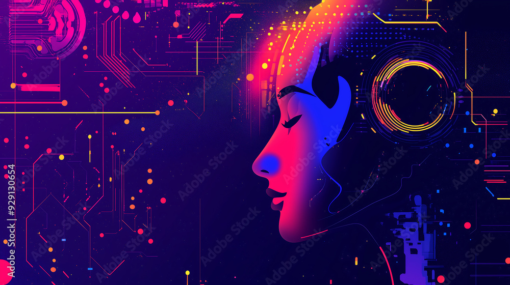vector illustration of an AI-powered female head, surrounded by glowing ...