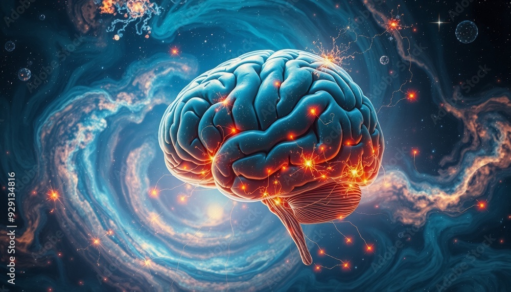 vivid image of a brain surrounded by swirling galaxies and nebulae ...