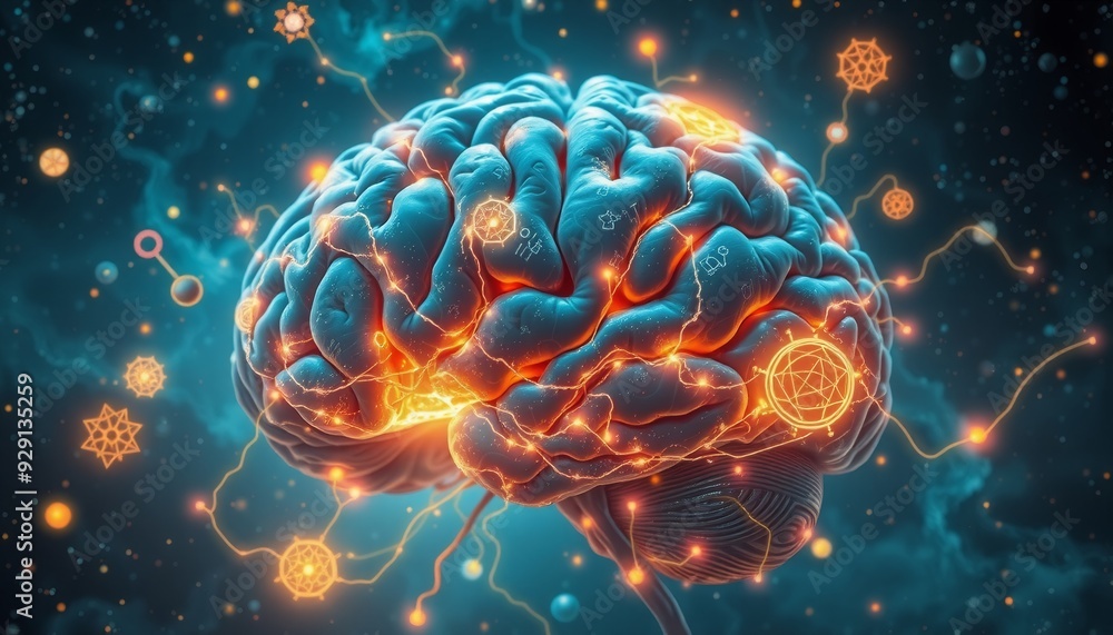 vivid representation of a brain with luminous interconnected threads ...
