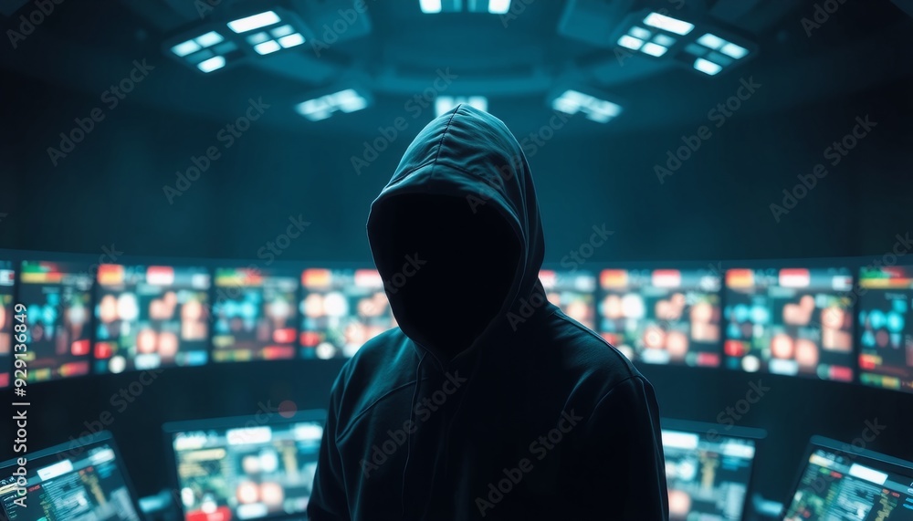 faceless cyber figure in a black hoodie surrounded by a circle of ...