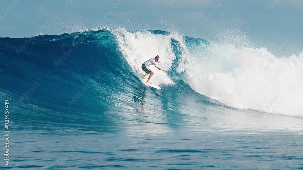 Experienced young surfer rides huge ocean wave at the famous Sultans ...
