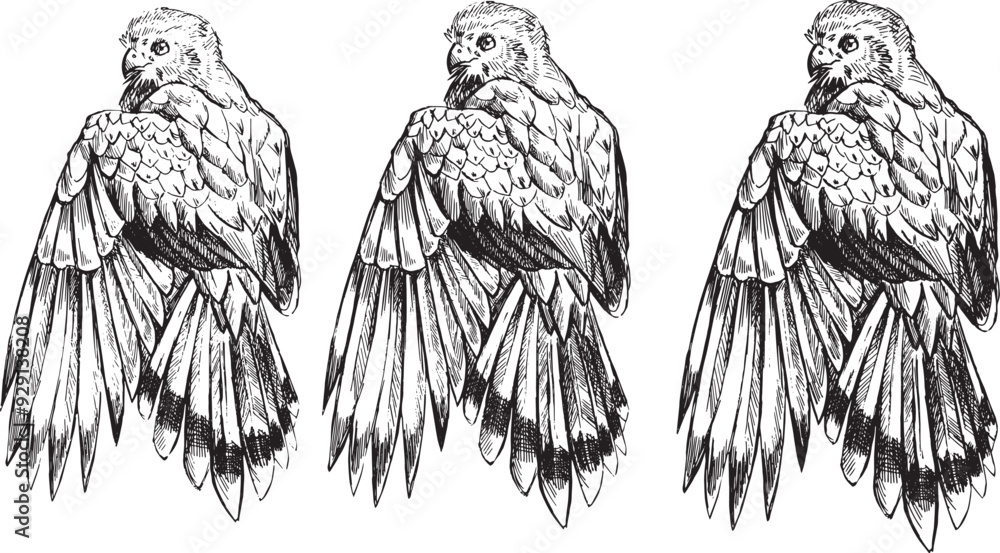 Set drawing hawk back view wild animal line clip art detailed ...