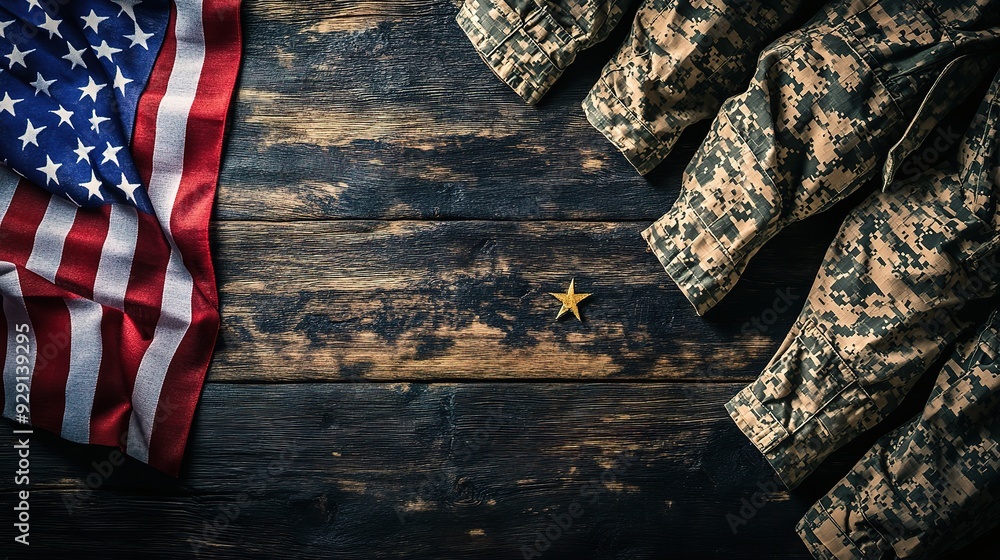 Patriotic Tribute: A folded American flag, military uniform, and a gold ...