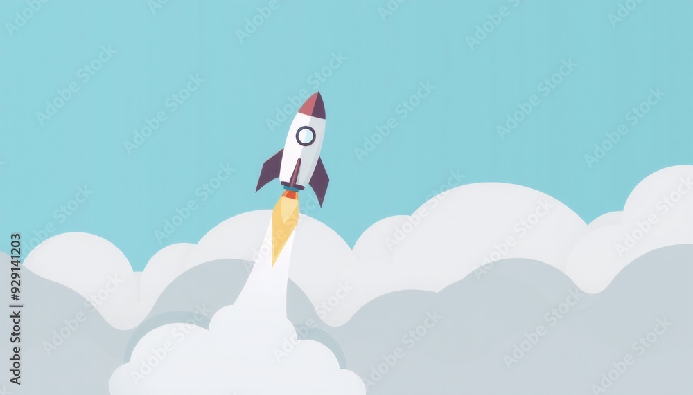modern rocket in light blue and gray taking off flat design with ...
