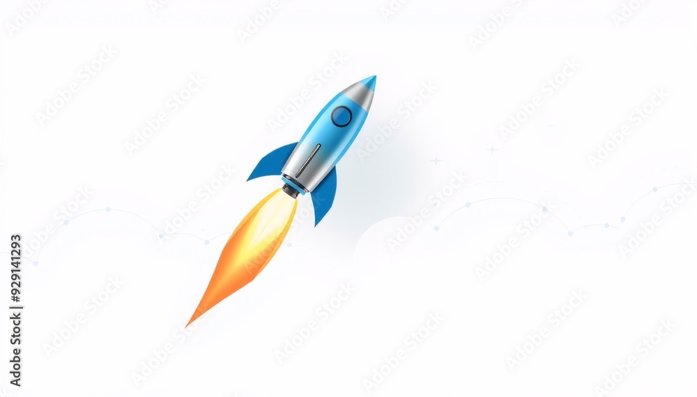 sleek rocket in bright blue and silver launching flat design with ...