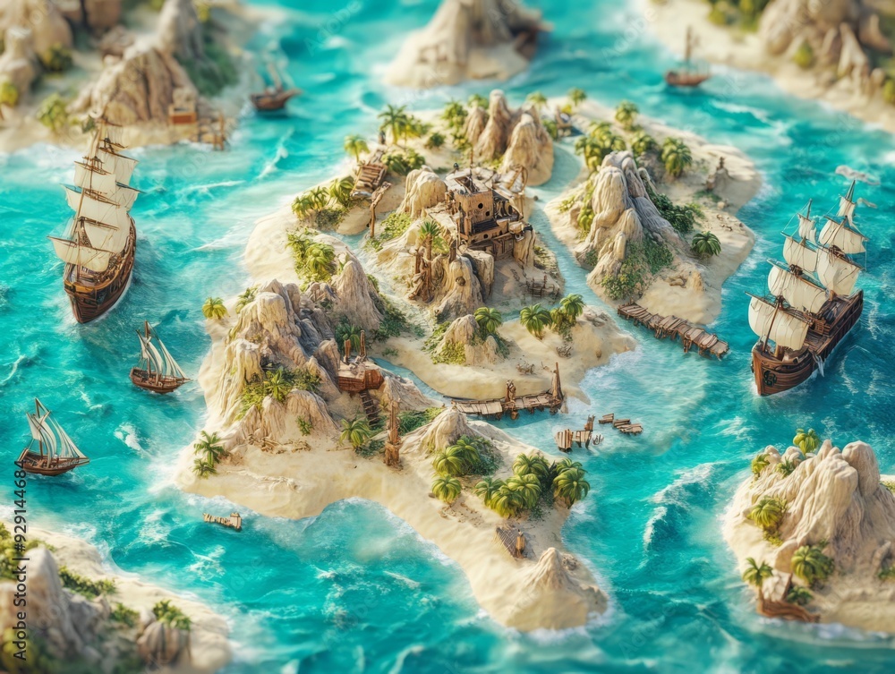 Pirate adventure map, Caribbean islands with shipwrecks and treasure ...