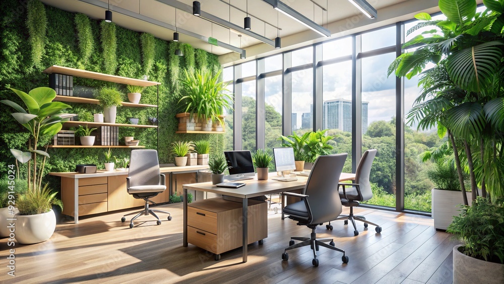 Soothing office interior with lush greenery, natural light, and ...