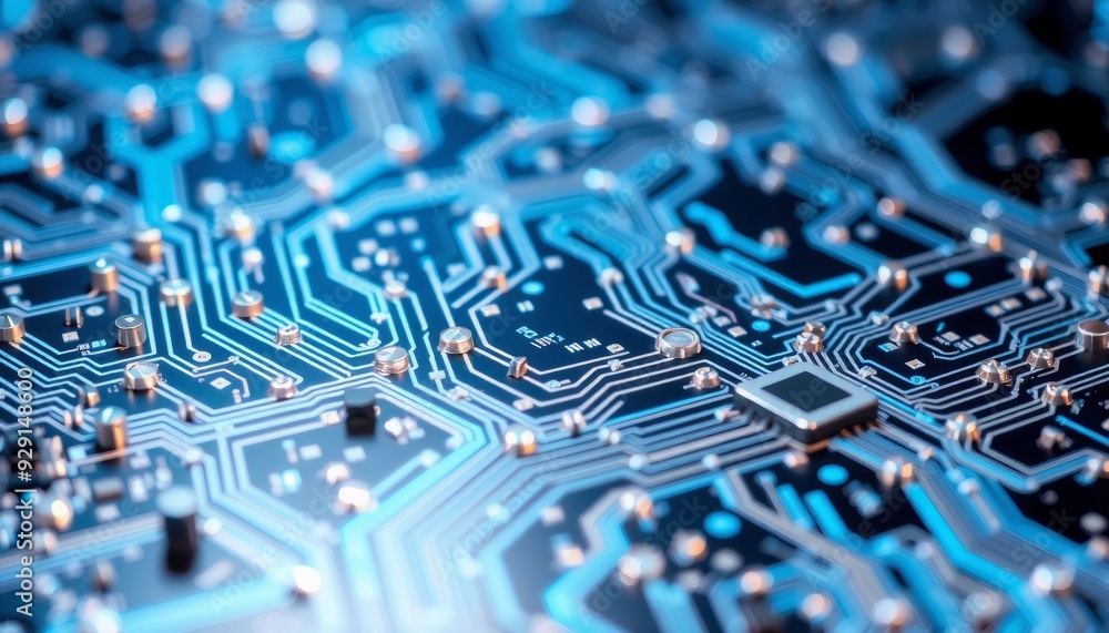 high-tech circuit board with shimmering silver connections and bright ...