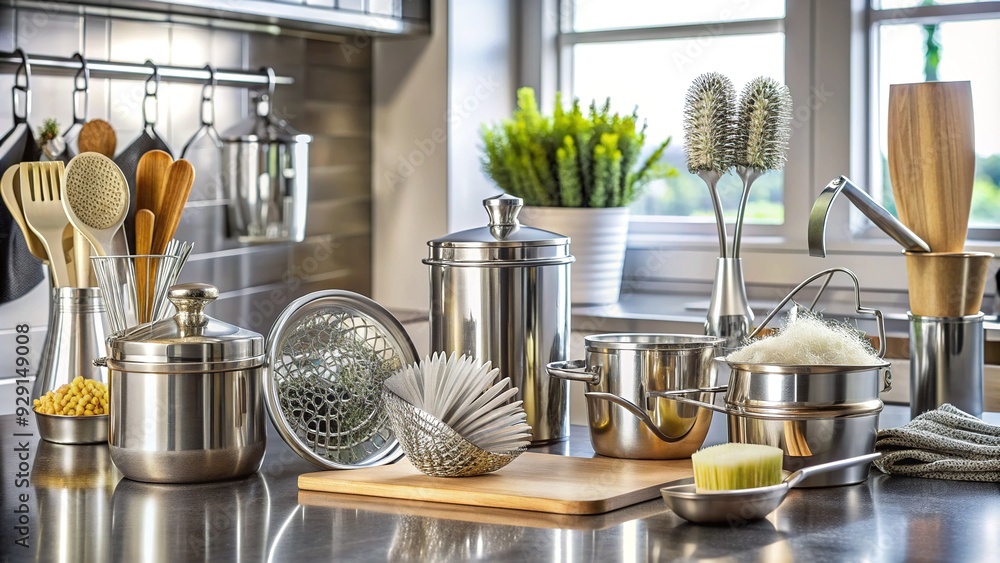 Sparkling stainless steel kitchen utensils, scrubbers, and polishing ...
