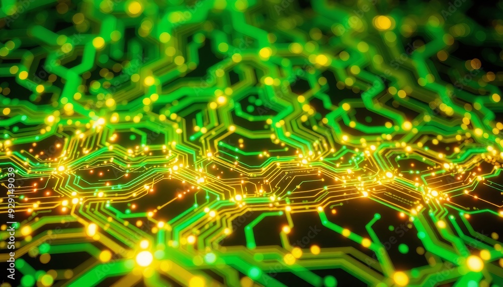 dynamic circuit board with glowing green and gold data lines forming an elaborate network ...