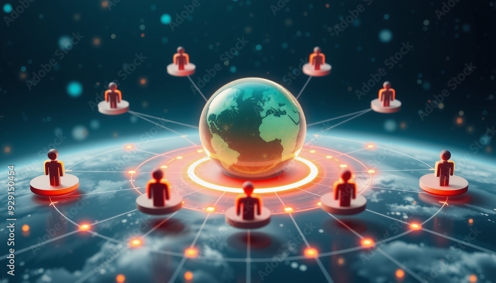 Businesspeople icons as planets orbiting around a central hub connected ...