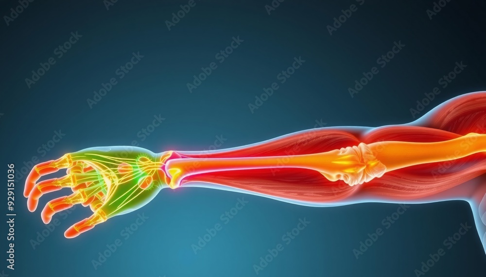 human arm neon green artery pink vein muscle tissue cross-section view ...