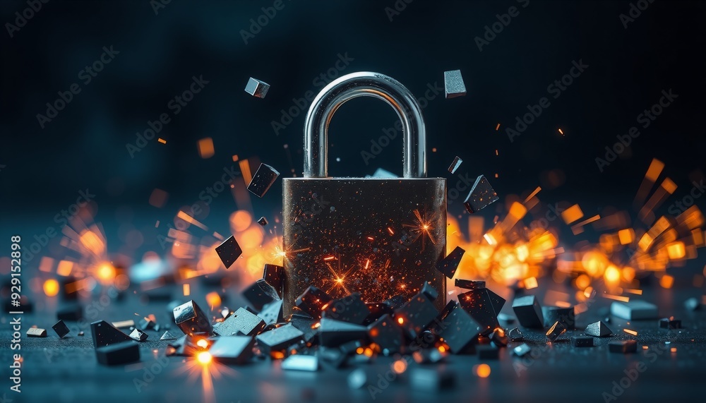 digital padlock shattering into pieces dark background sparks flying ...