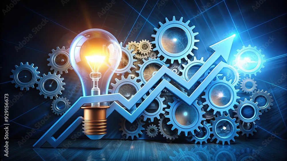 Stylized arrow integrated with a graph, surrounded by gears and ...