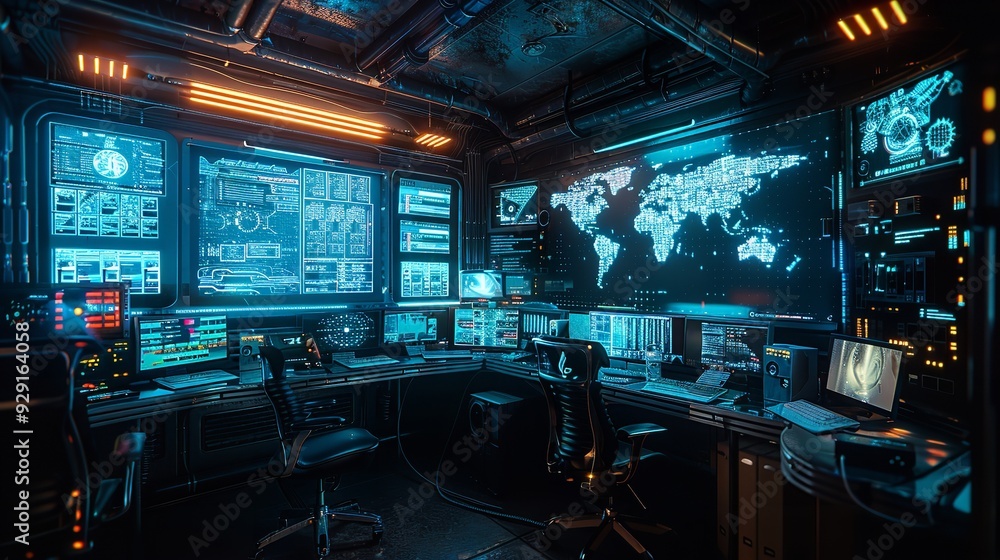 Cyber security operations center, featuring rows of glowing servers ...