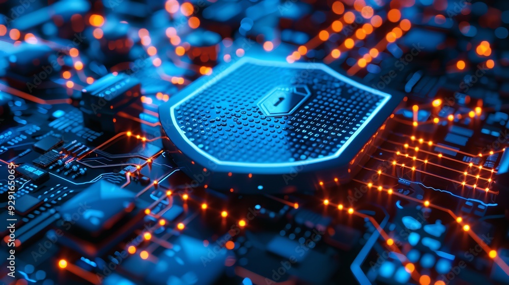 cybersecurity, a lock integrated into a circuit board with glowing ...